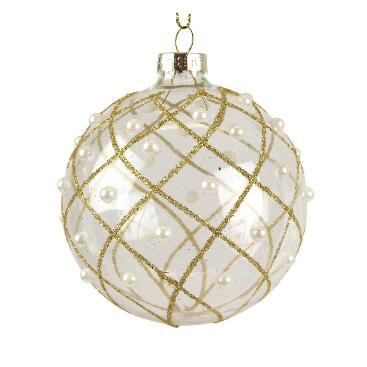 Gisela Graham Clear Glass Bauble with Gold Sparkle Pearl Trellis - 8cm ...