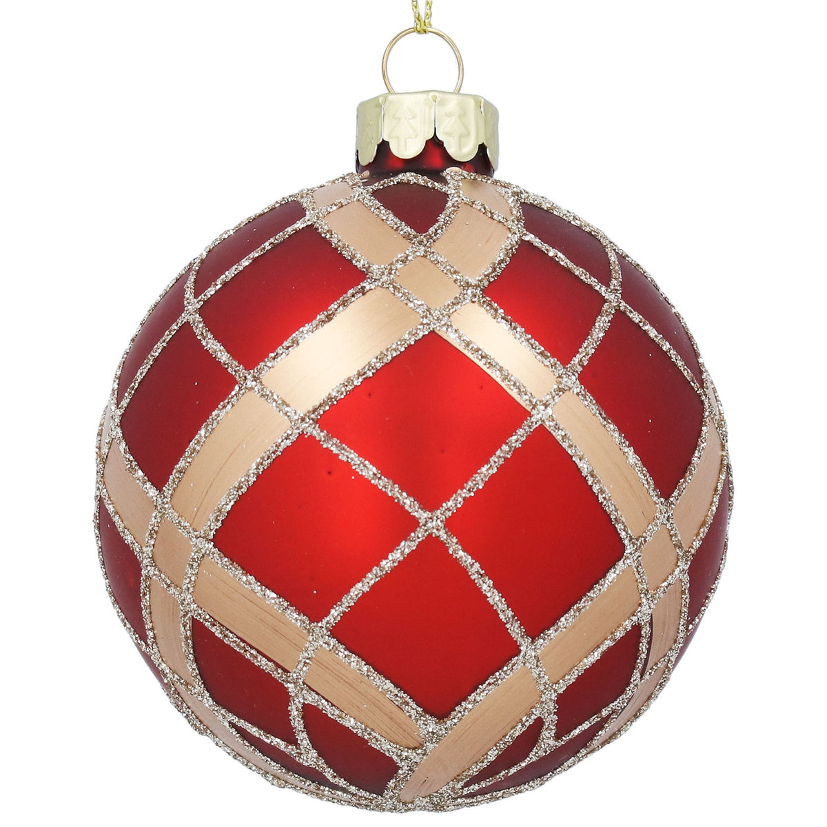 Gisela Graham Glass Red Bauble with Gold Glitter Trellis Ball - 8cm ...