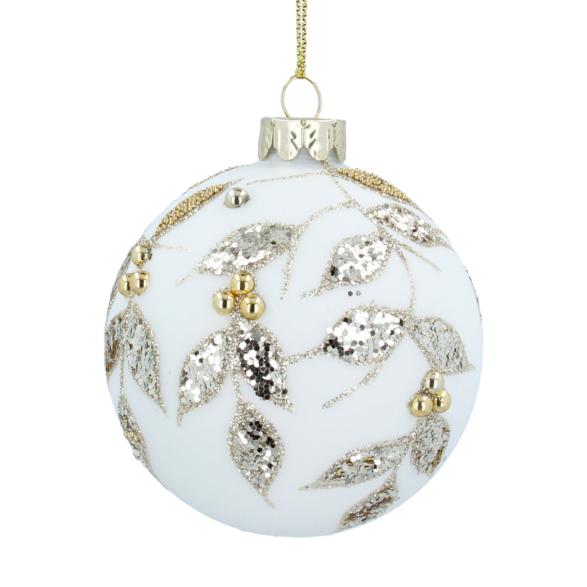 Gisela Graham - Matt Cream Glass Ball with Gold Glitter Leaves Christm ...