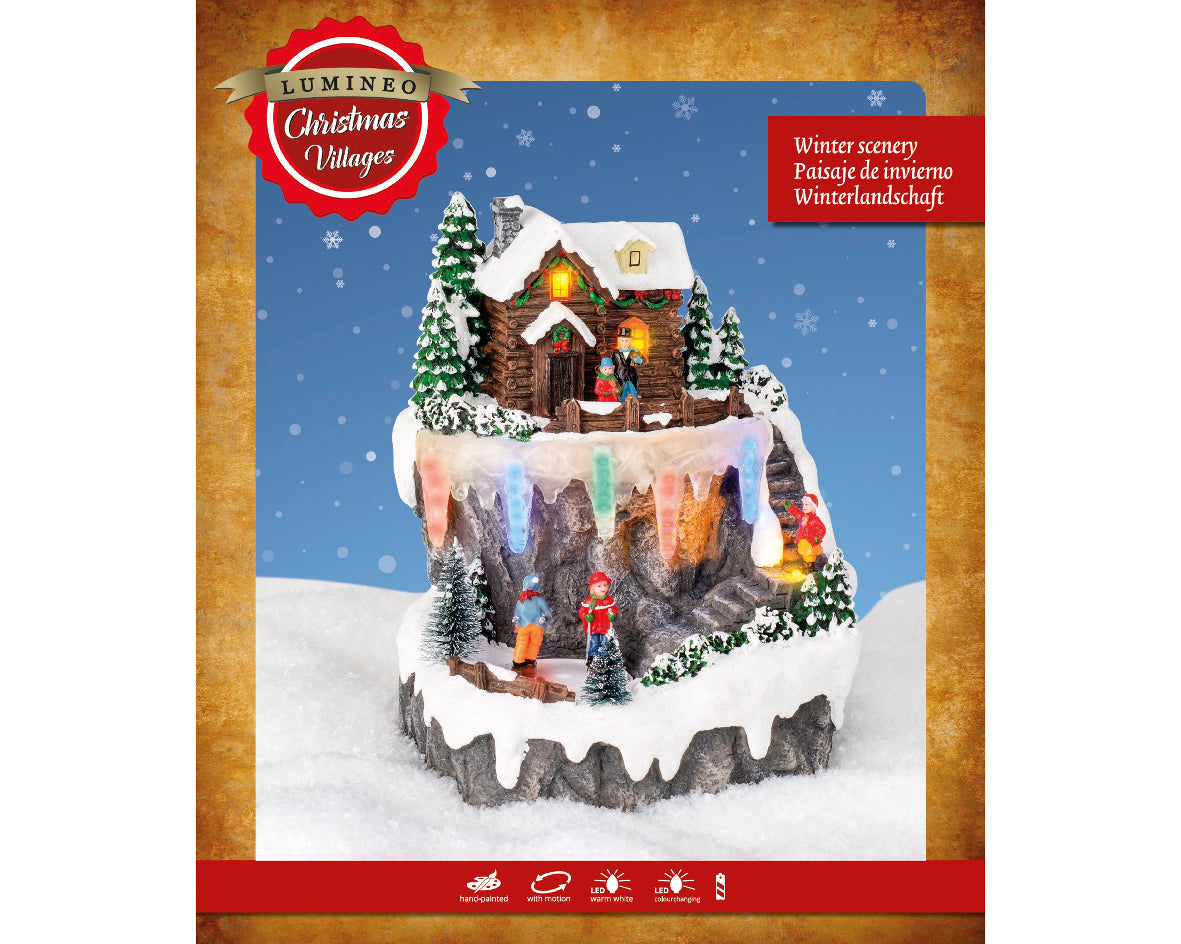 Animated Winter Village Log Cabin with Skiers with Micro LED Drop Icic ...