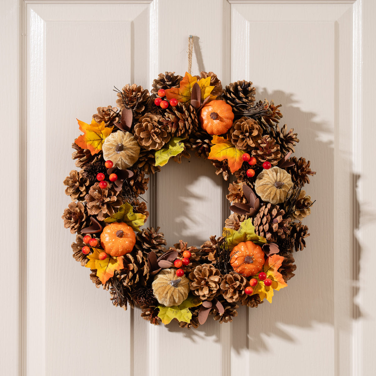 X-Large Mini Autumn Pumpkin Wreath with Foliage & Pinecones - 41cm ...