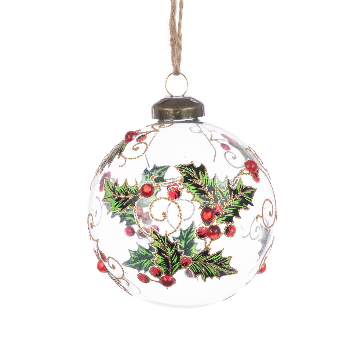 Clear Glass Margo Christmas Tree Bauble with Holly Design - 10cm ...