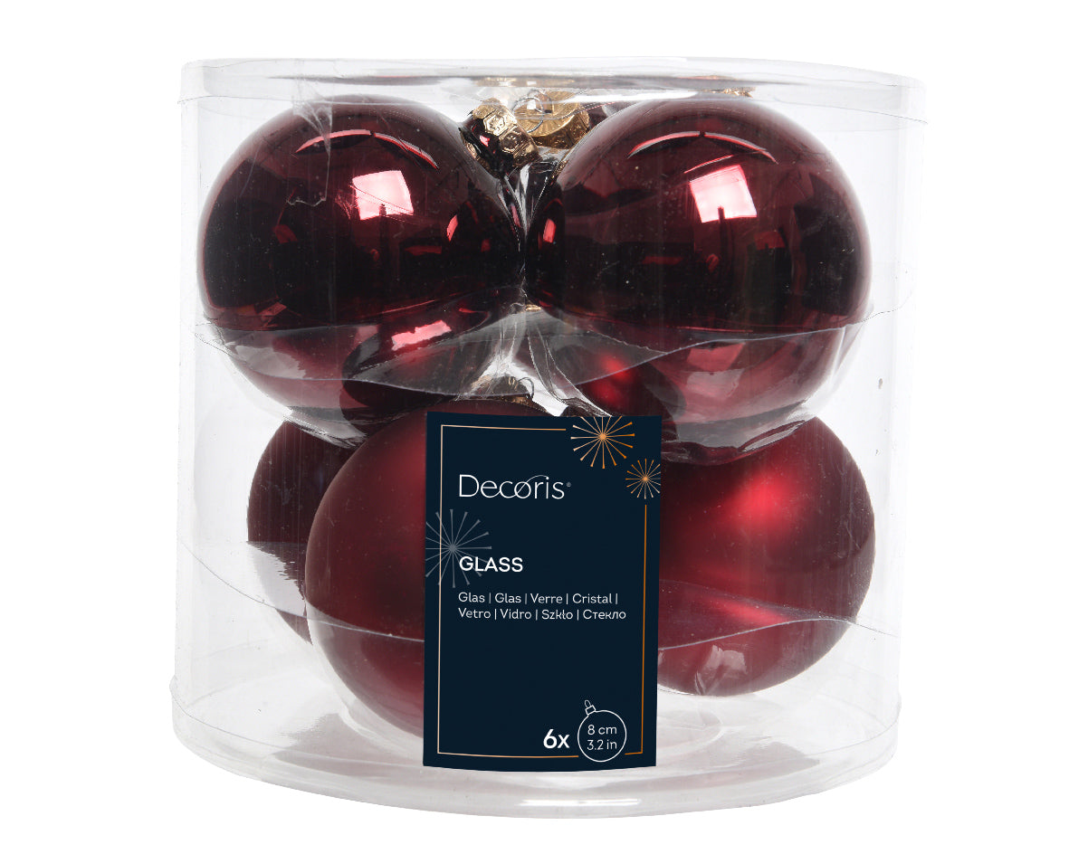 Oxblood Red Glass Baubles in Shiny & Matte Finish 8cm - Box of 6 ...