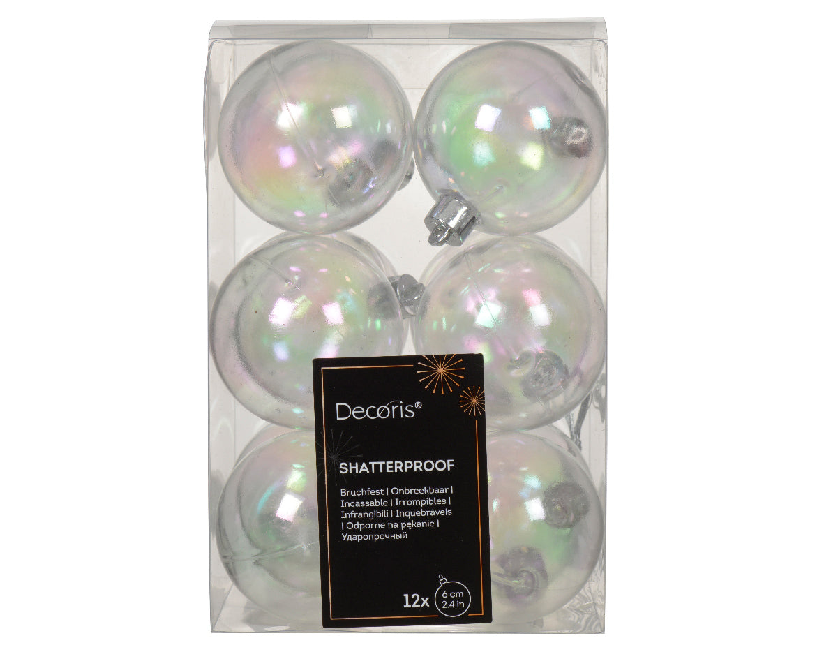 Box of 12 Transparent Iridescent Finish Shatterproof Baubles - 6cm ...