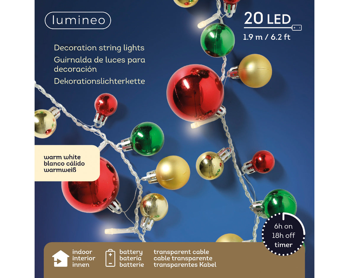 Warm White LED Bauble String Lights with Transparent Cable - 1.9m 20 L ...