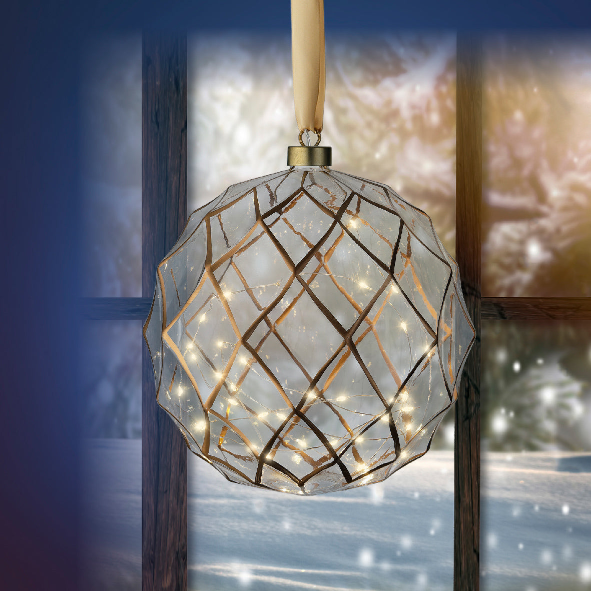 Micro LED Warm White Glass Bauble with Gold Ribbon Hanger - 20cm 40 LE ...