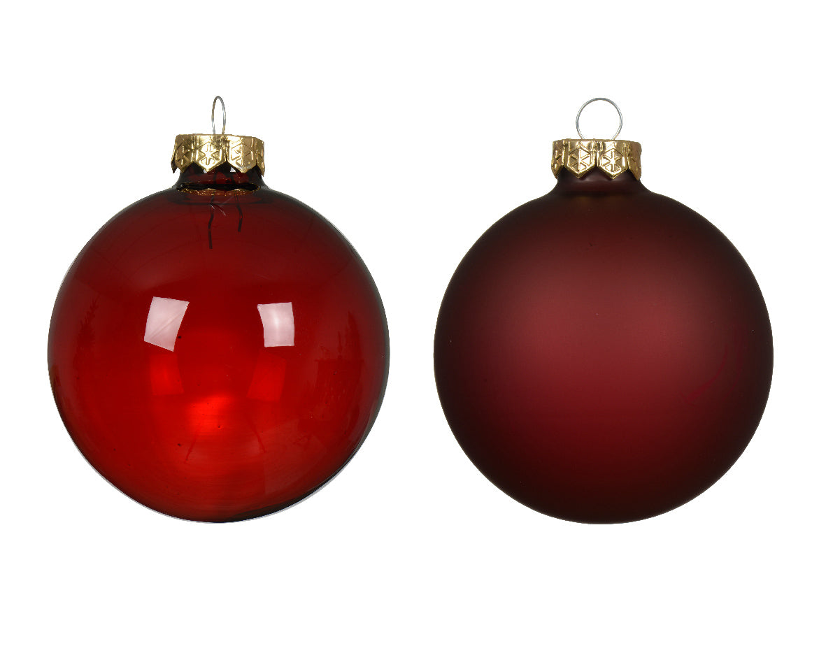 Oxblood Dark Red Transparent Glass Baubles Shiny & Matte 8cm - Box of ...