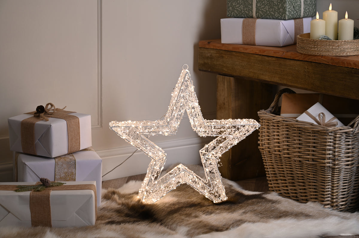 Large 50cm Warm White LED Light Up Clear Bead Star Christmas Decoratio ...