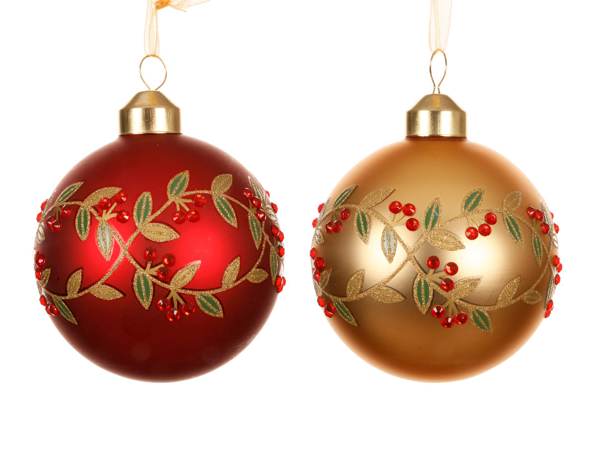 Glass Red/Gold Matte Bauble with Glitter Beaded Holly – Southwood ...
