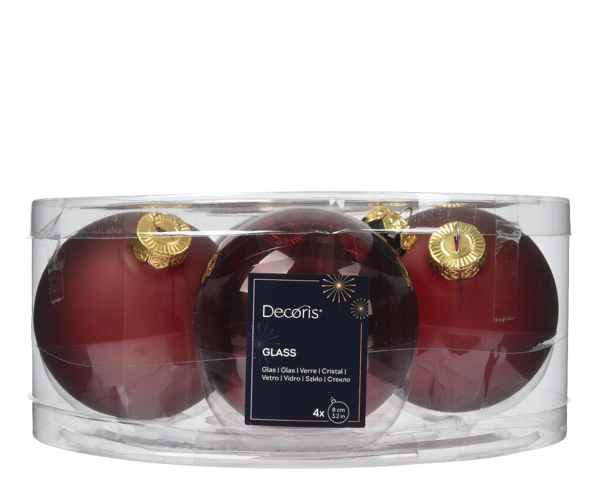 Oxblood Dark Red Transparent Glass Baubles Shiny & Matte 8cm - Box of ...