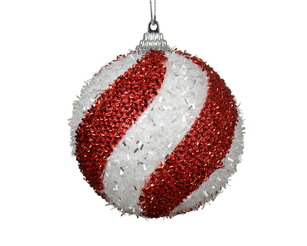 Candy Cane Stripe Bauble with Tinsel – Southwood Christmas Shop