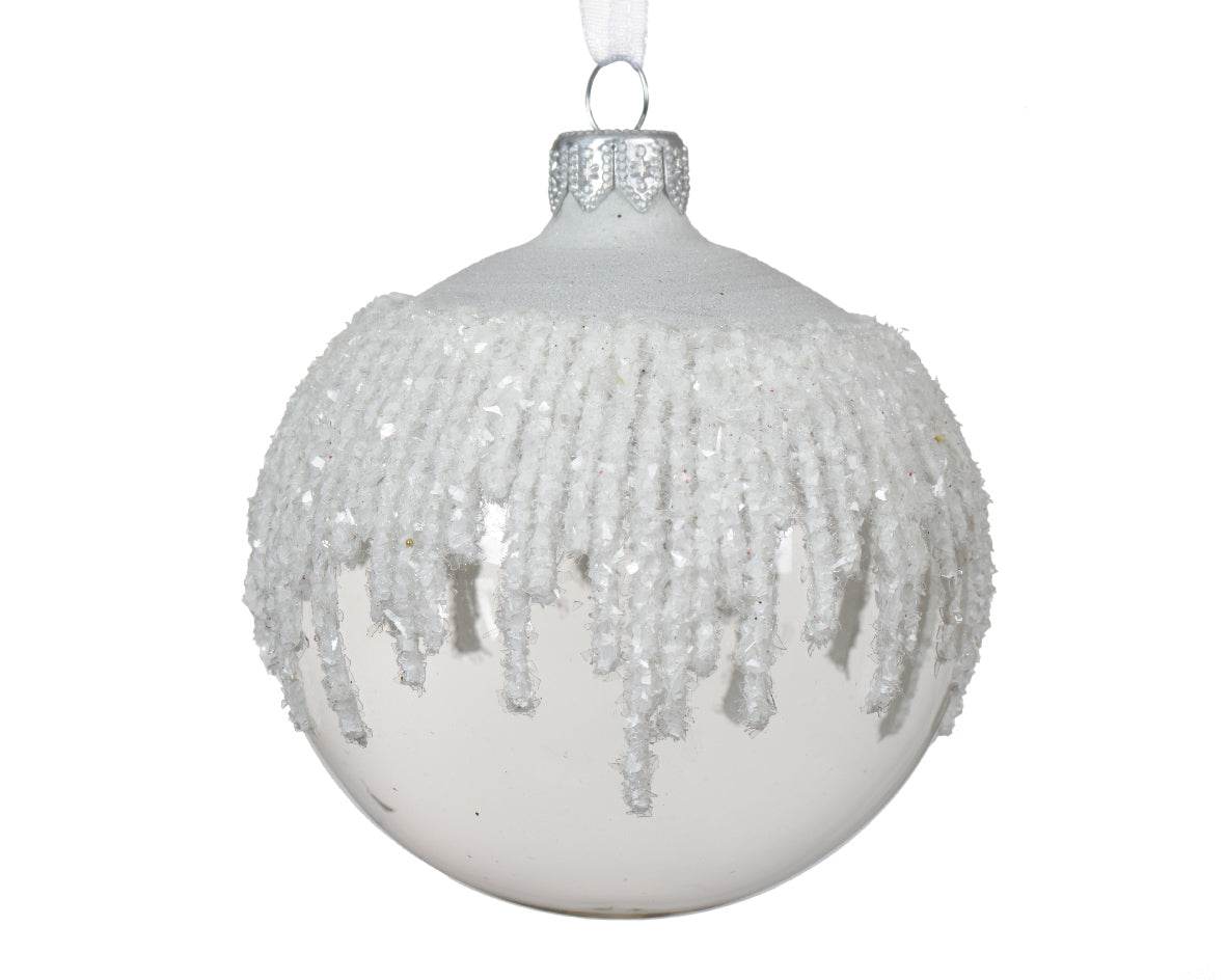 Winter White Glass Shiny Bauble with Snow Effect Detailing - 8cm ...