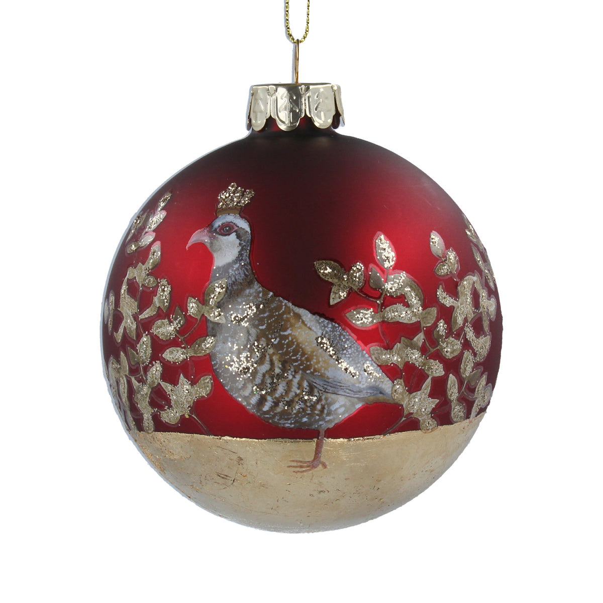 Gisela Graham - Matt Burgundy/Gold Glass Ball with Partridge/Leave Tre ...