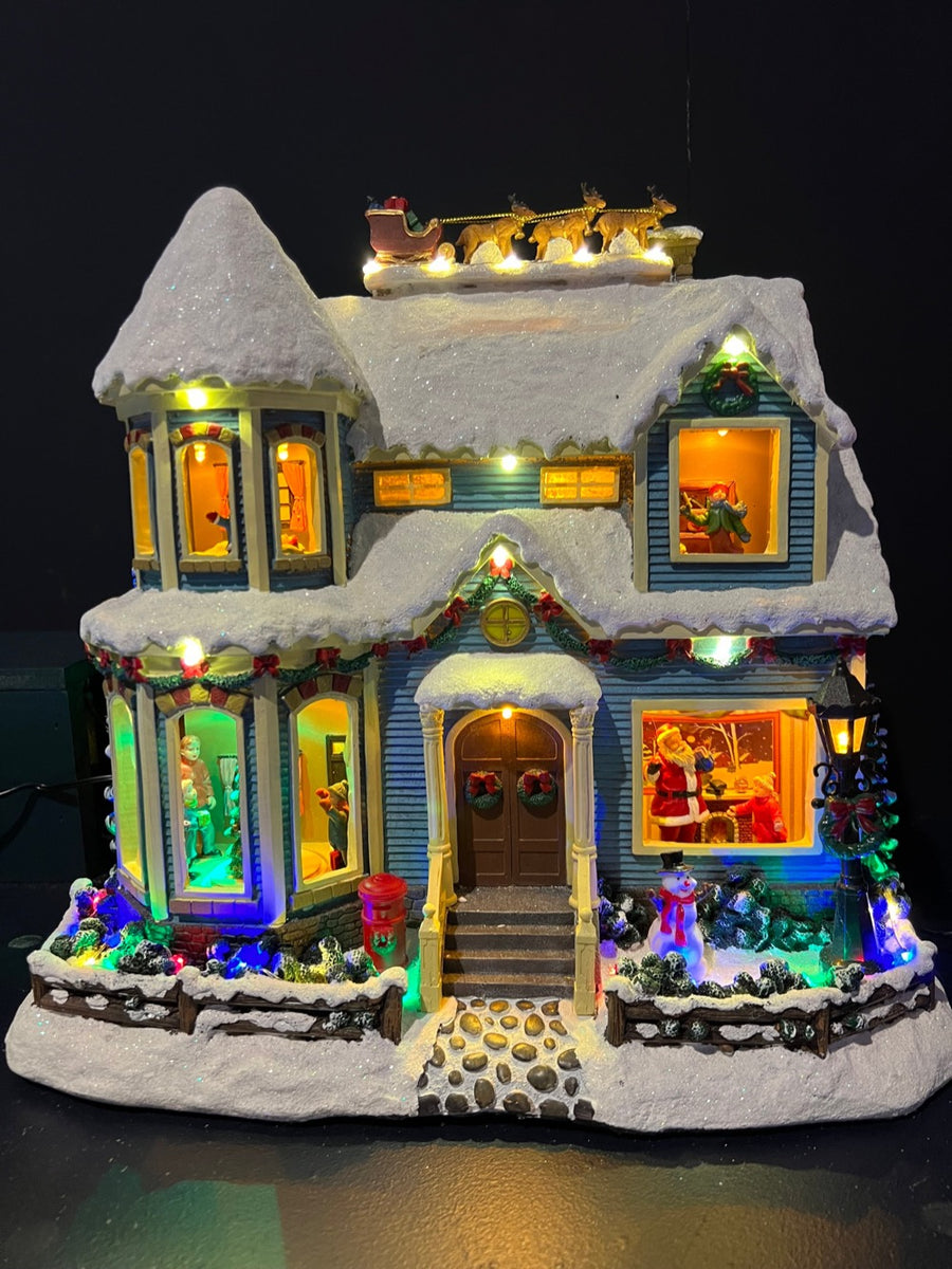 Micro LED Light Up Snowy Pale Blue Wooden Style Christmas Village Hous ...
