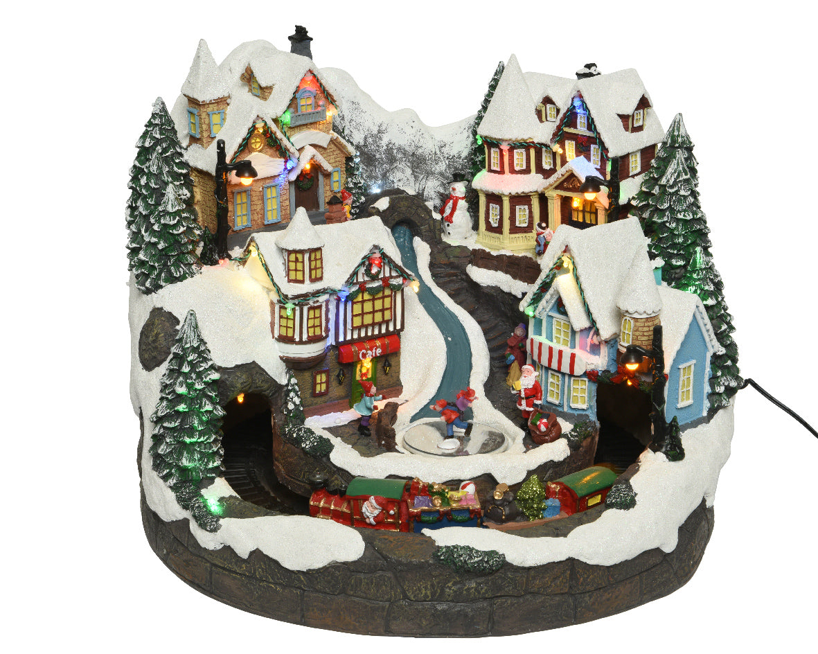 Animated LED Christmas Village Scene with Rotating Train and Flashing ...